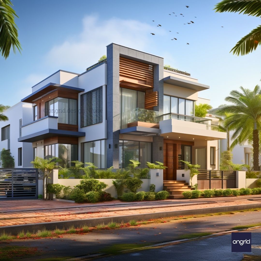 White Duplex Elevation with Large Balconies – Ongrid Design