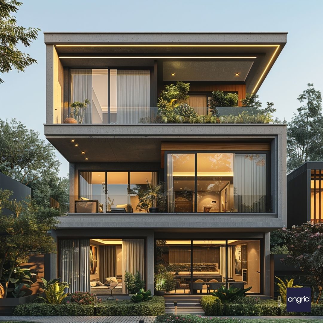 Indian 3-Story Home Design with Glass, and Wood Accents – Ongrid Design