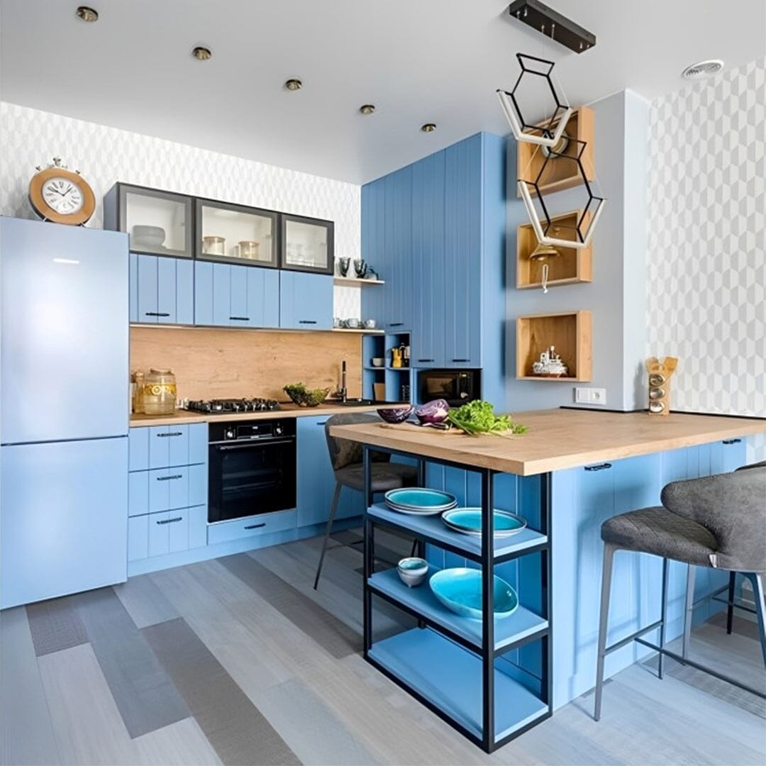 14x12 Small Open Plan Blue Kitchen – Ongrid Design