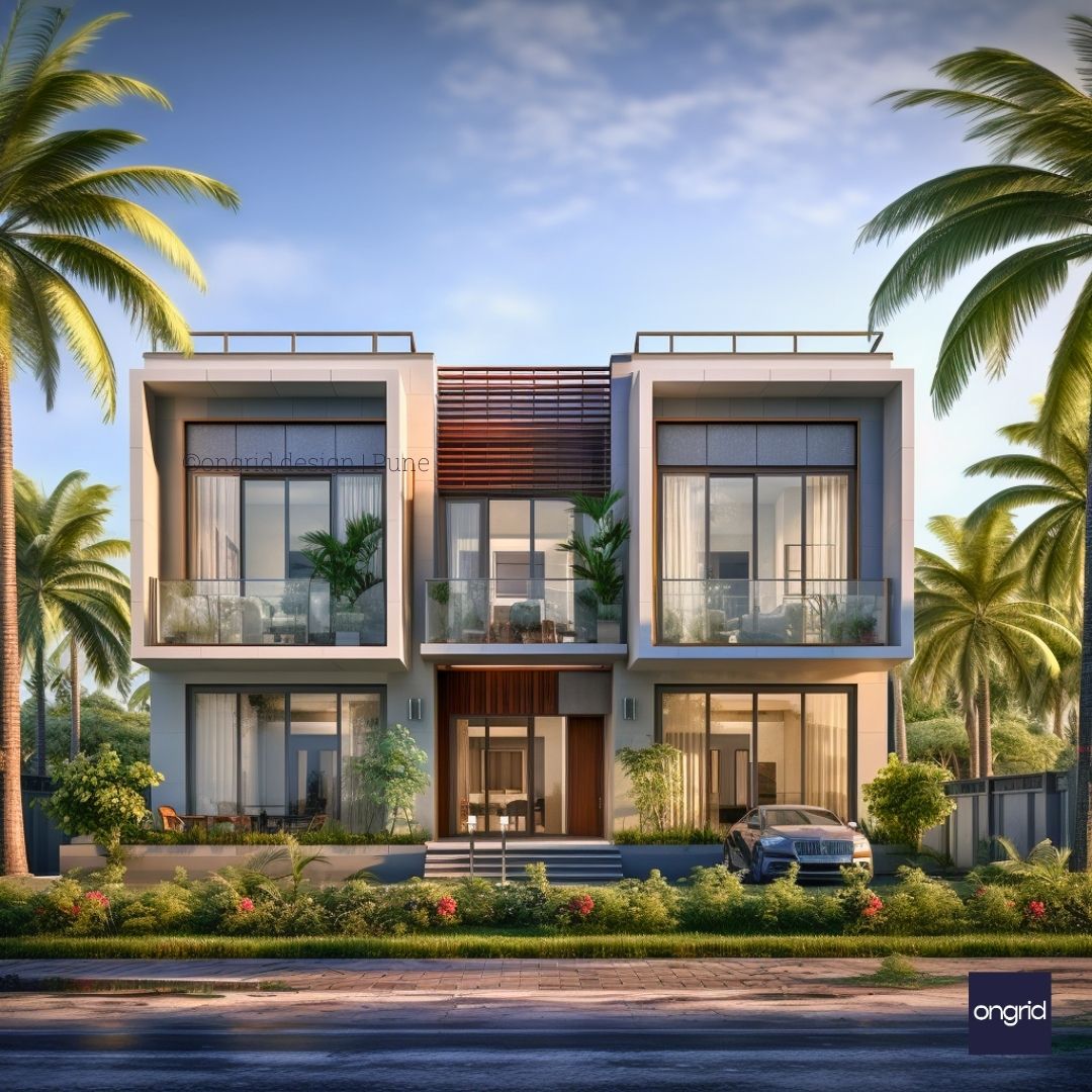 Sleek Symmetry Duplex Elevation with Glass Balconies – Ongrid Design