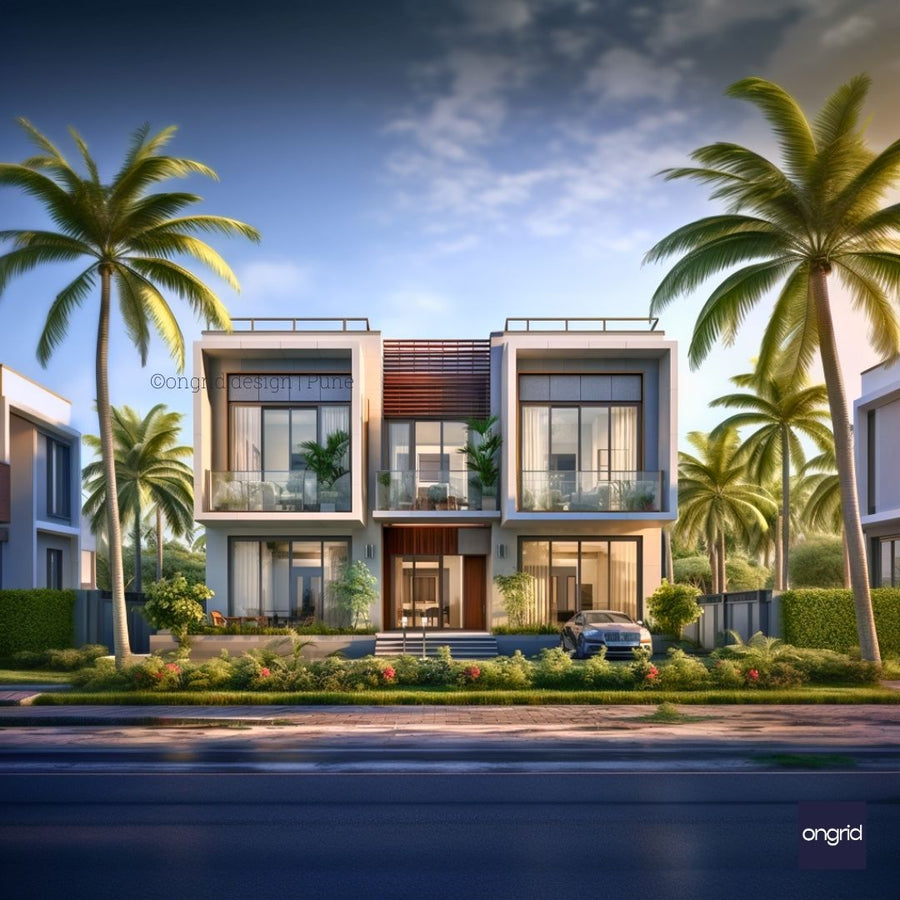 Sleek Symmetry Duplex Elevation with Glass Balconies – Ongrid Design