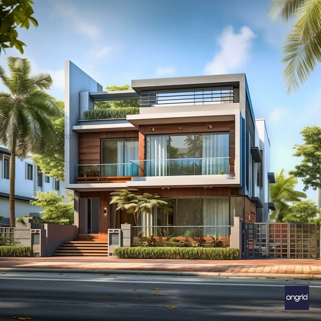 Sleek Grey Duplex Elevation with Wooden Cladding – Ongrid Design