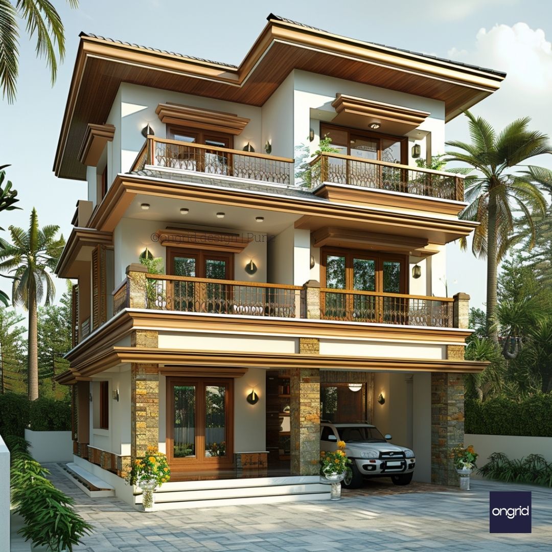Traditional Luxury Triplex House Design Elevation – Ongrid Design