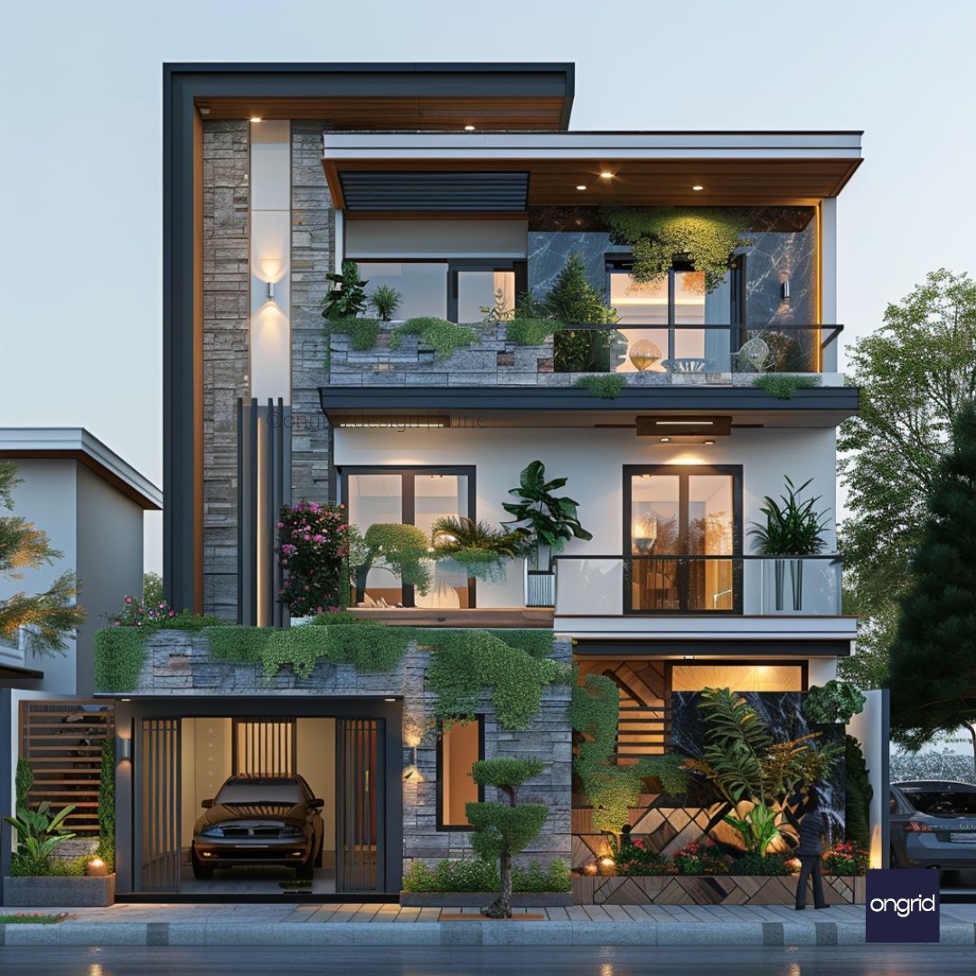 Modern Triplex Design - Flat Roof and Greenery – Ongrid Design