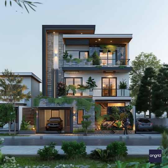 Modern Triplex Design - Flat Roof and Greenery – Ongrid Design