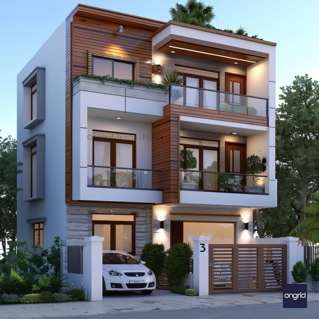 Contemporary Indian 3-Story House Design with Wood Cladding – Ongrid Design