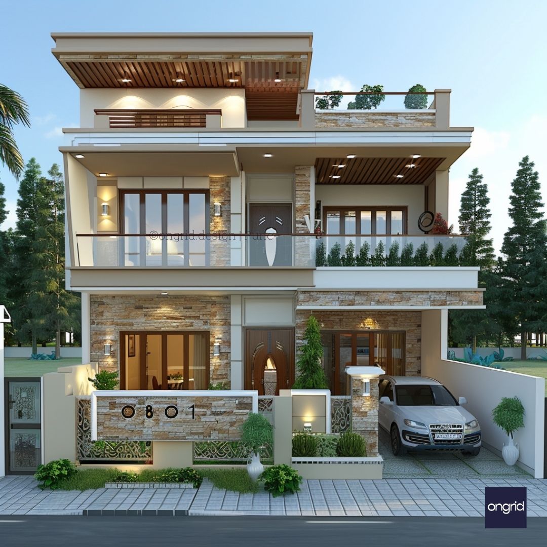 3-Floor House Design - Stone & Wood Exterior – Ongrid Design